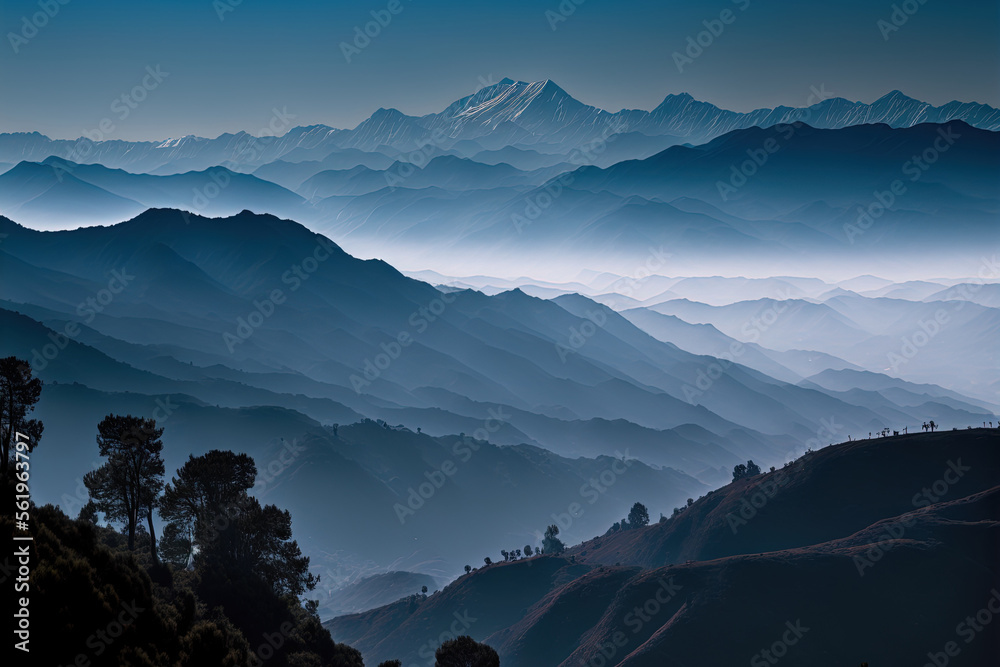 View of the Himalayan mountain range from the Khalia Top Trek trail ...