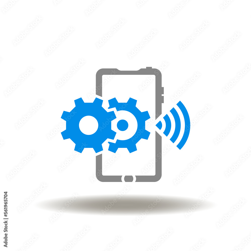 Vector illustration of smartphone with wireless signal and gears ...