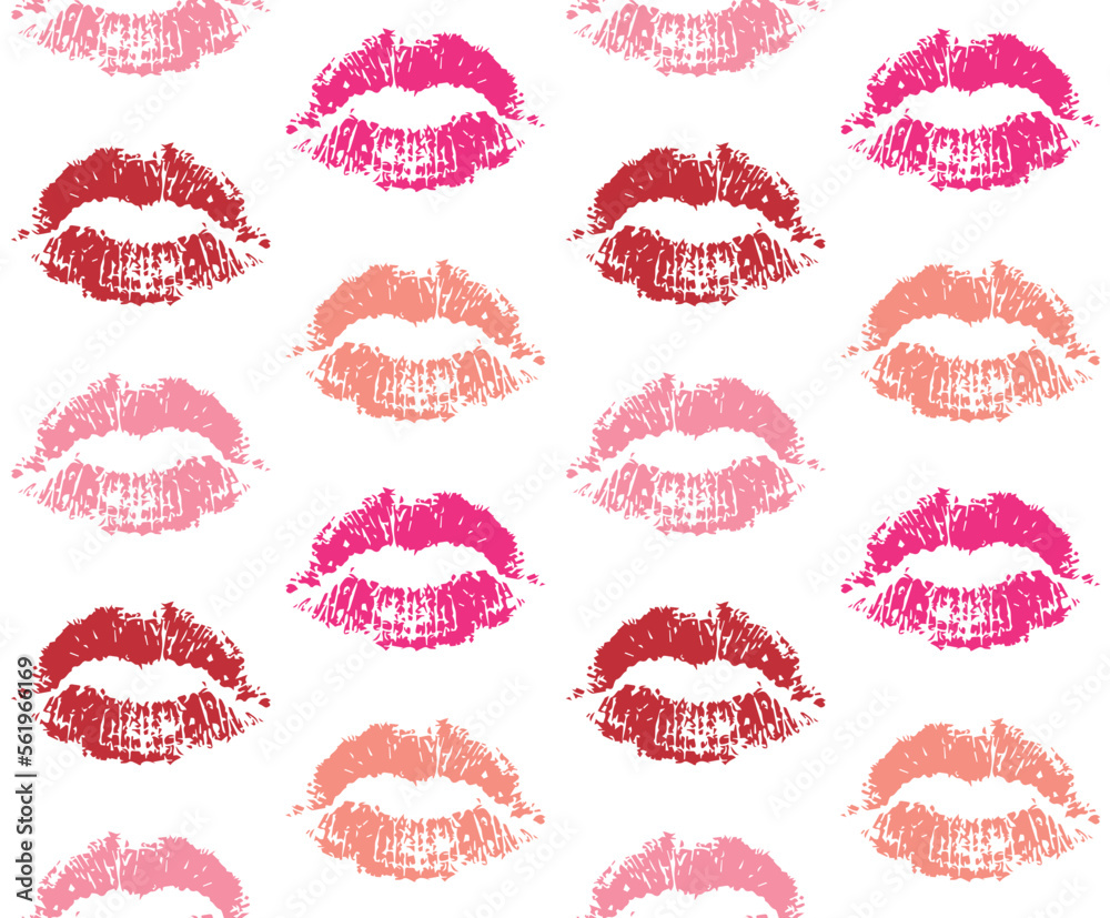 Vector seamless pattern of different color lipstick lips kiss isolated ...