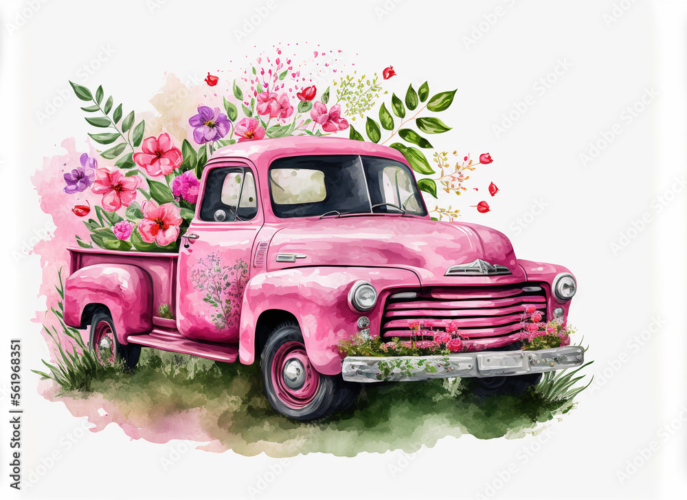 Vintage Retro Pink Farm Truck with Beautiful Flower Watercolor ...