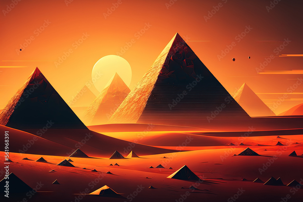 Pyramids in the Egyptian desert seen in concept art. vibrantly glowing ...