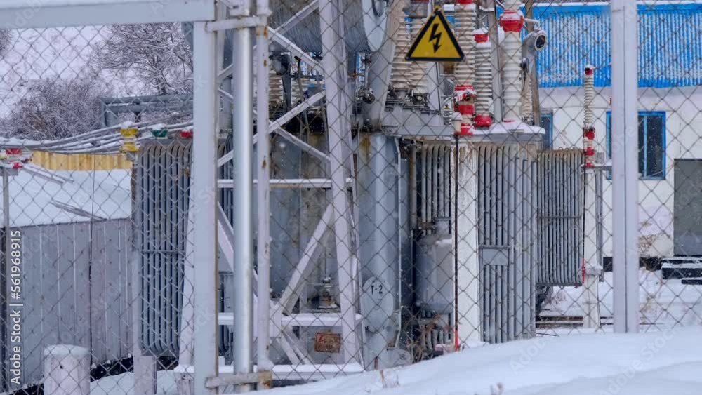 Transformer substation with wires, insulators, electric busbars, power ...