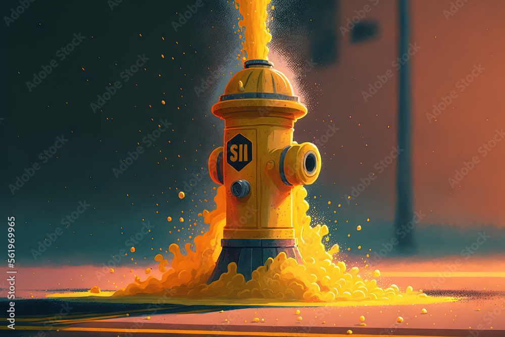 Yellow fire hydrant wide open gushing water onto the street with ...