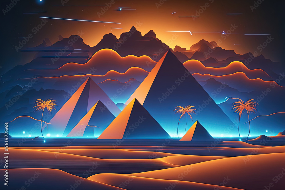 Pyramids and light effects in an abstract night landscape. future ...