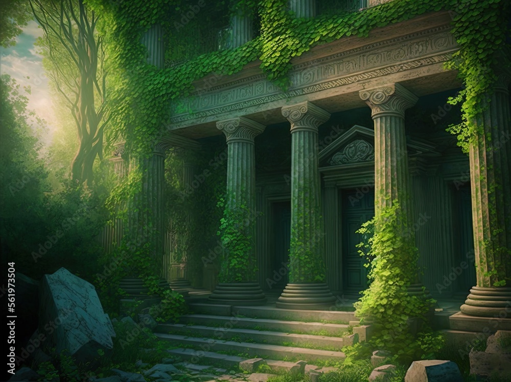 Columned Greek temple covered with ivy Generative AI Stock Illustration ...