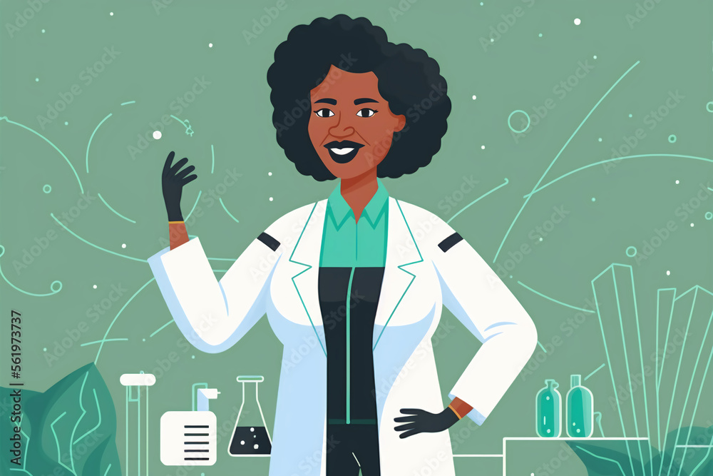 Black woman scientist wearing lab coat. Flat vector illustration ...
