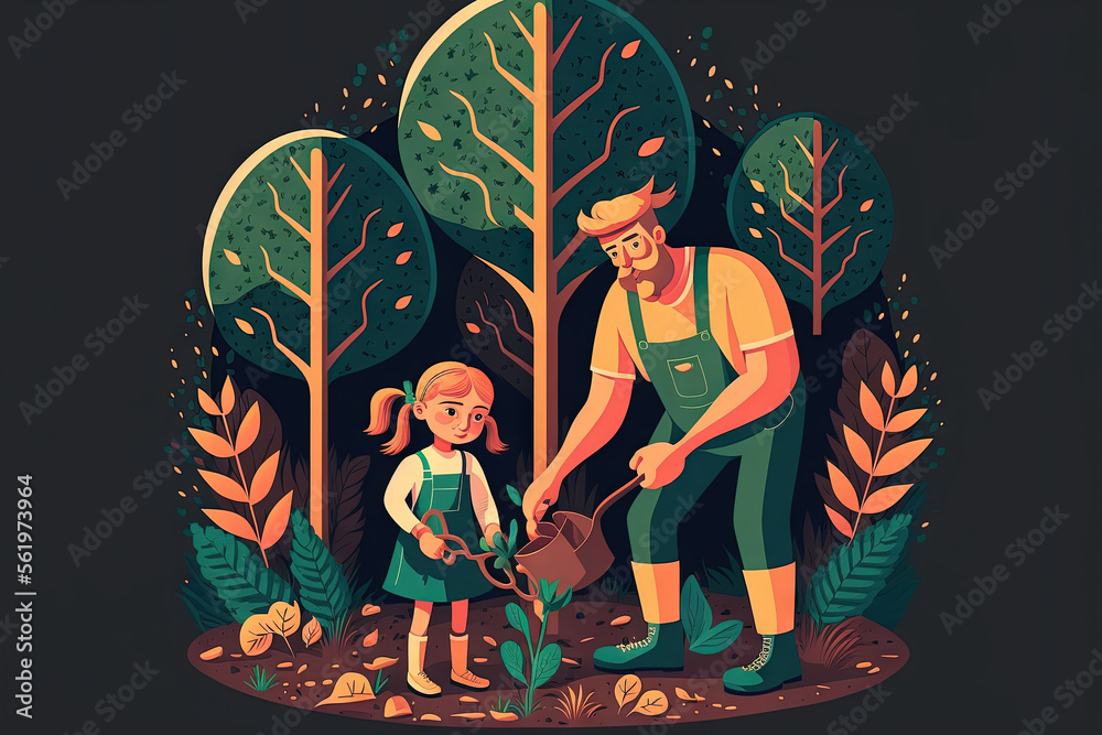 Dad and daughter planting a tree as part of a nature and environment ...
