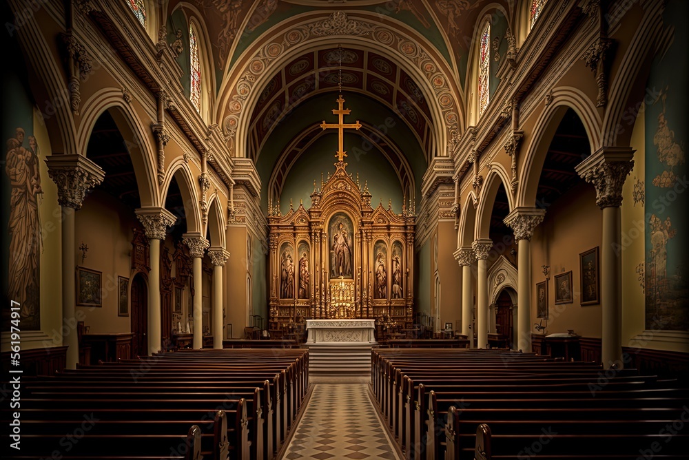 Roman Catholic Church Interior with Altar and Pews Generative AI Stock ...