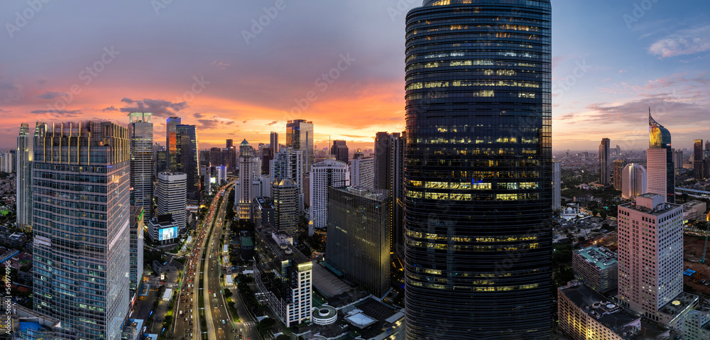 Jakarta Panoramic from Sudirman street view during the golden hour ...