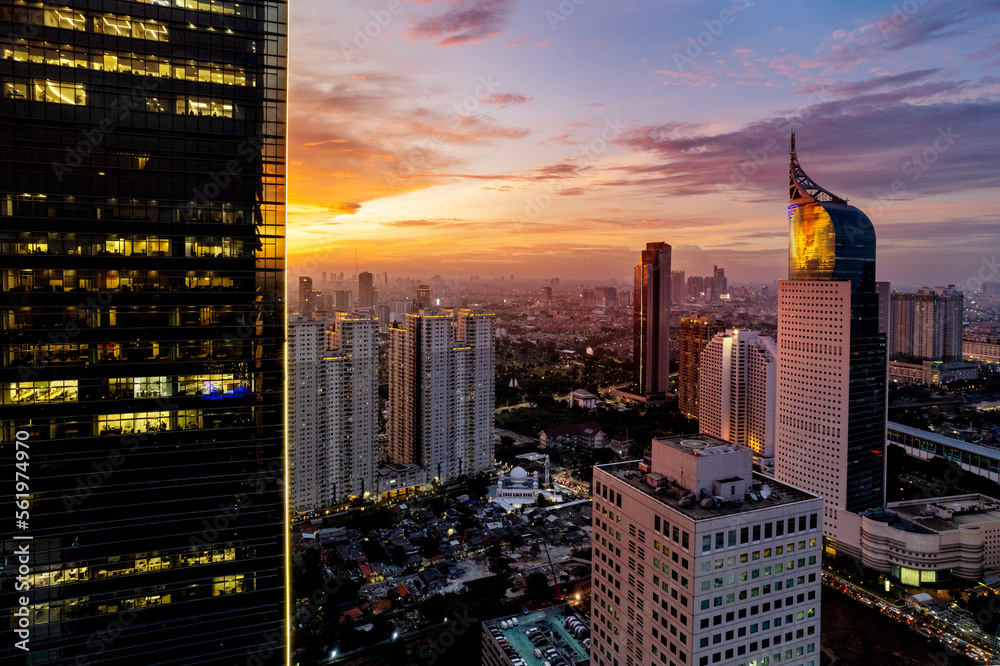 Jakarta Panoramic from Sudirman street view during the golden hour ...