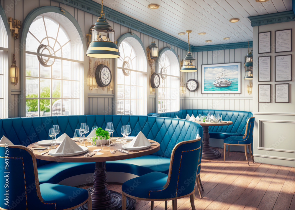 Nautical themed seafood restaurant interior. Generative AI Stock ...
