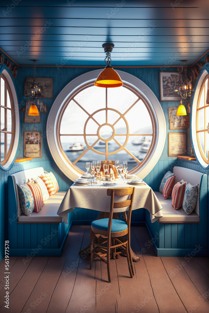 Nautical themed seafood restaurant interior, vertical, round window ...