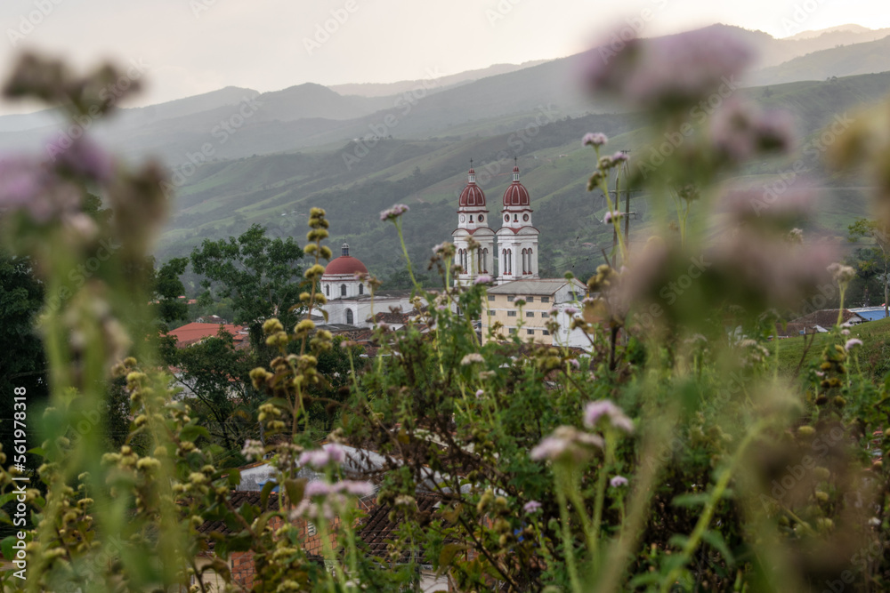 Antigua iglesia inmersa en un paisaje natural de montañas y flores ...