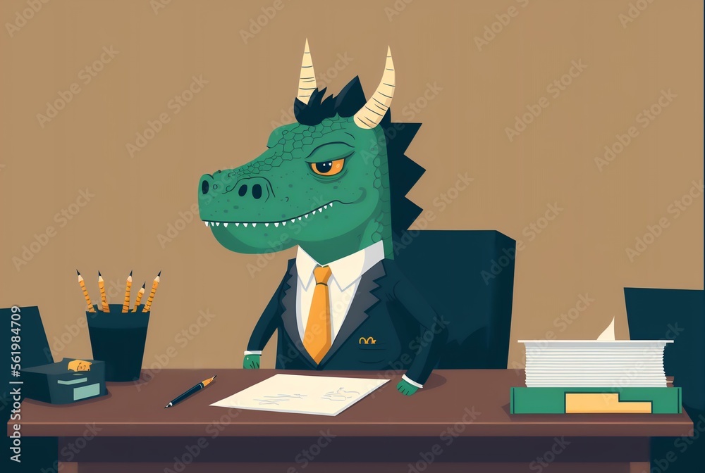 dragon wearing a suit and tie, sitting at a desk with a stack of papers ...