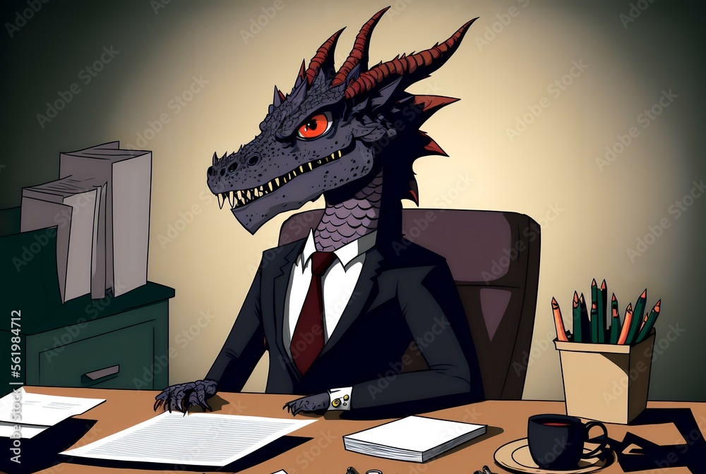 dragon wearing a suit and tie, sitting at a desk with a stack of papers ...