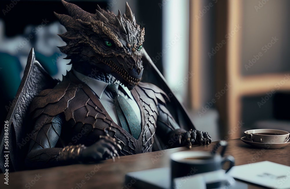 dragon wearing a suit and tie, sitting at a boardroom table with a cup ...