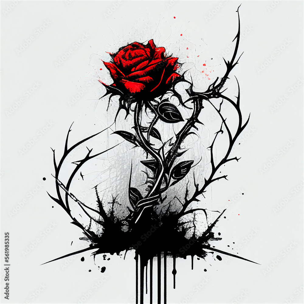 Generative AI illustration of roses and thorns made with ink, black and ...