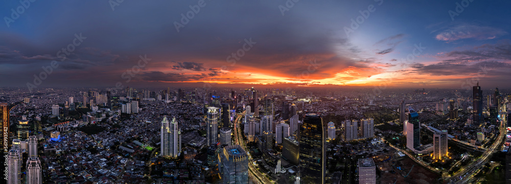 Jakarta Panoramic from Sudirman street view during the golden hour ...