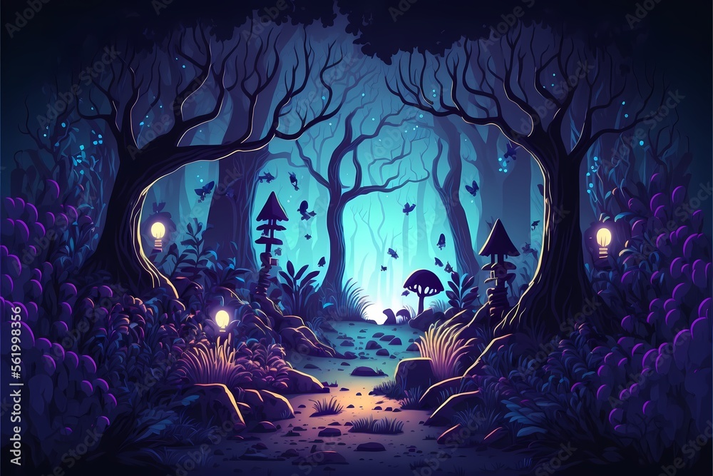 Mystical forest illustration, cartoon style landscape,endless nature ...