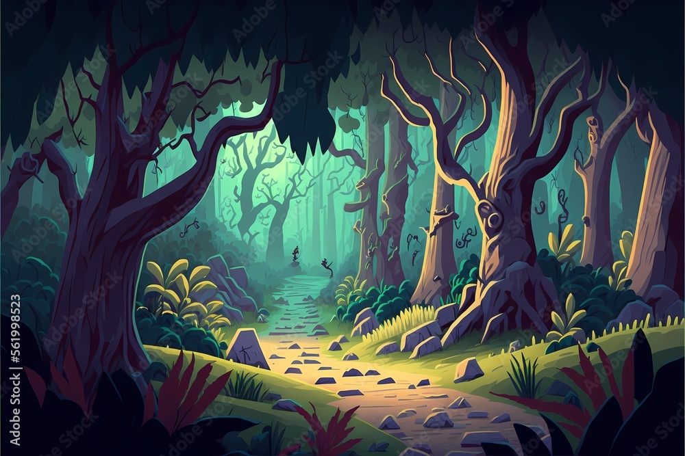 Mystical forest illustration, cartoon style landscape,endless nature ...