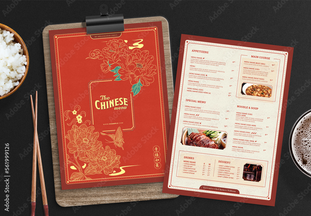 Chinese Restaurant Menu Template in Red and Gold Stock Template | Adobe ...