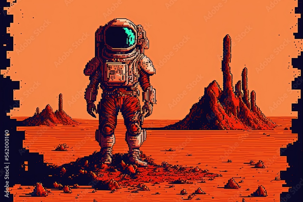 Pixel art astronaut on the planet mars, background in retro style for 8 ...