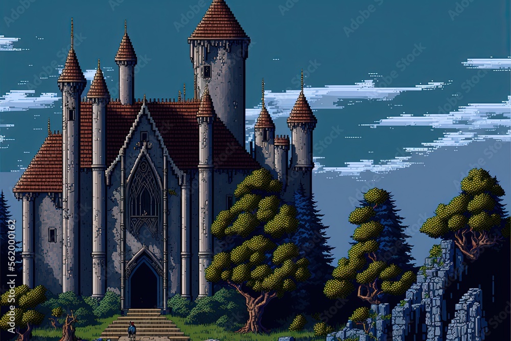 Pixel art medieval castle with trees and mountains, background in retro ...