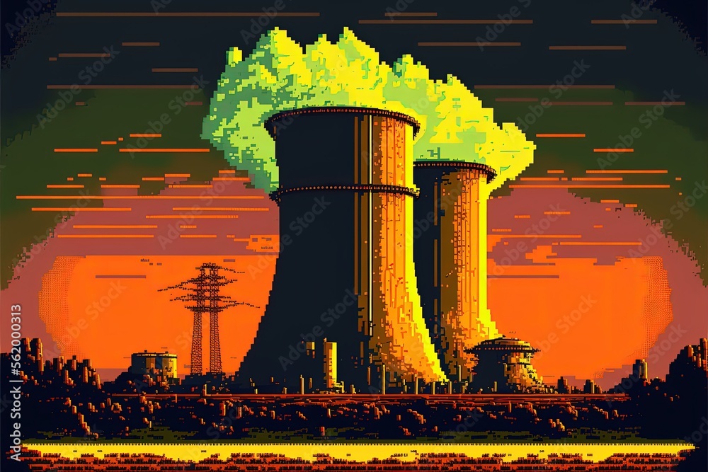 Pixel art nuclear power plant, background in retro style for 8 bit game ...
