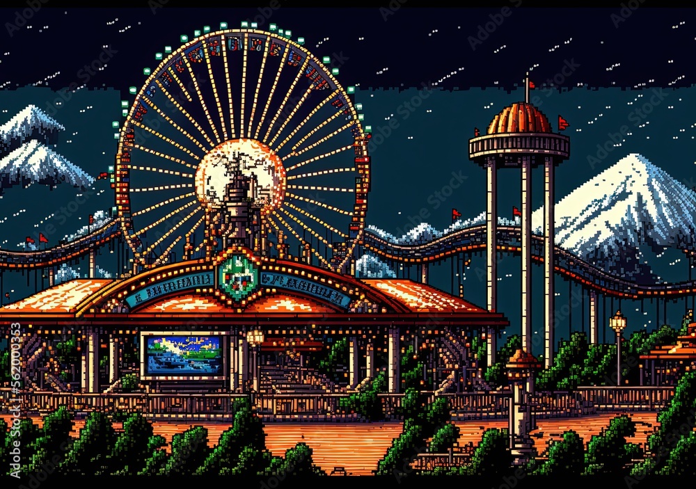 Pixel art amusement park, background in retro style for 8 bit game ...