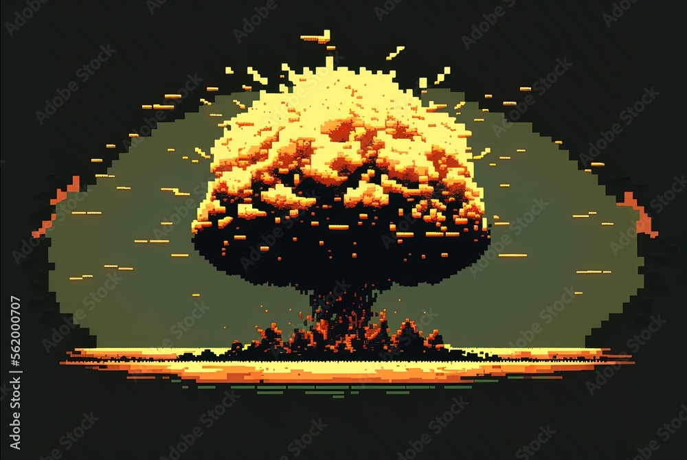 Pixel art atomic bomb explosion, background in retro style for 8 bit ...