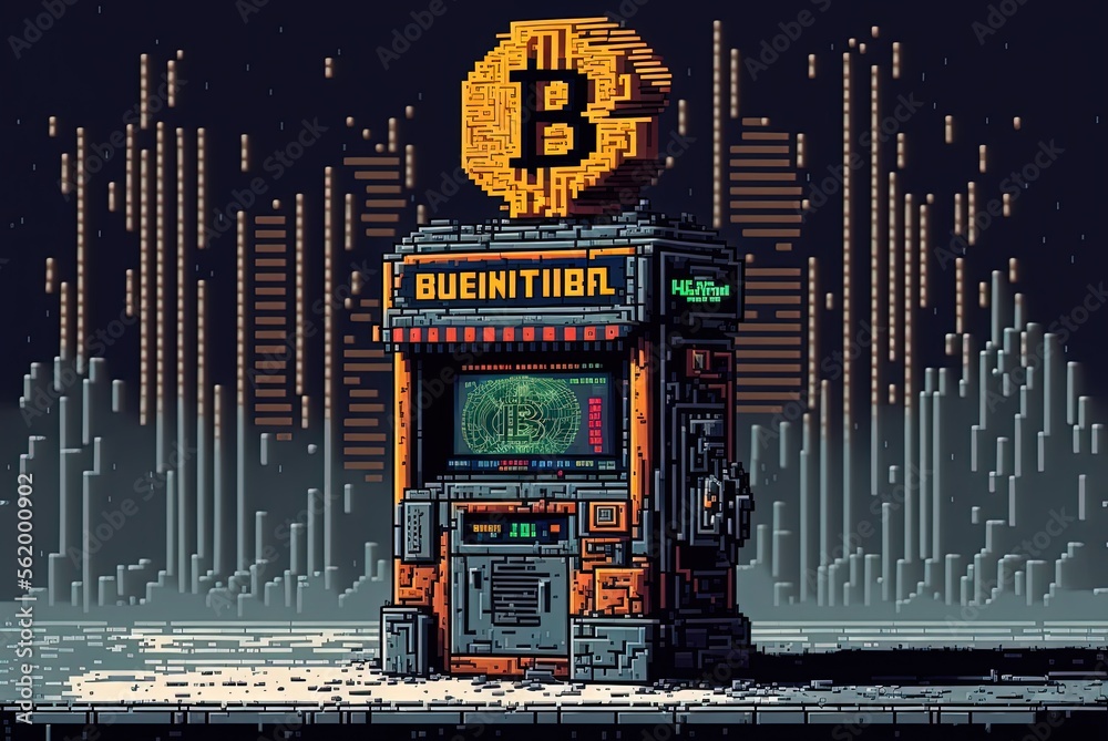 Pixel art bitcoin ATM, cryptocurrency machine, background in retro ...