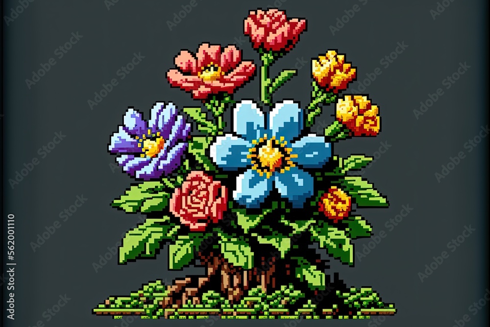 Pixel art flowers and plants, background in retro and 8bit style ...