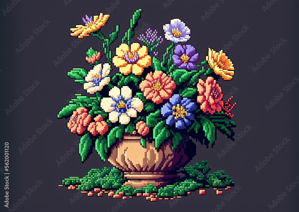 Pixel art flowers and plants, background in retro and 8bit style ...