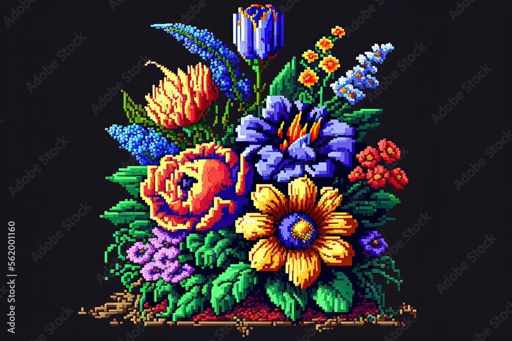 Pixel art flowers and plants, background in retro and 8bit style ...