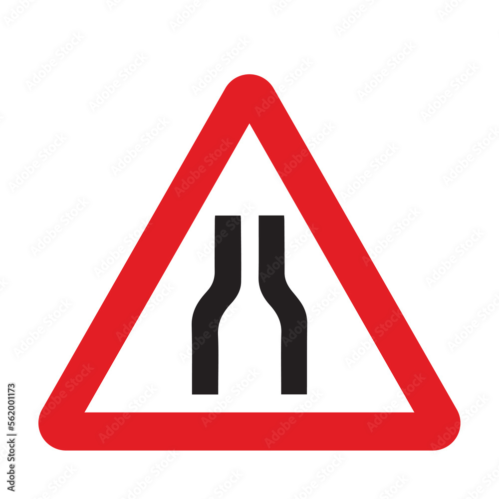 Road narrowing sign in a red triangle with black sign and traffic sign ...