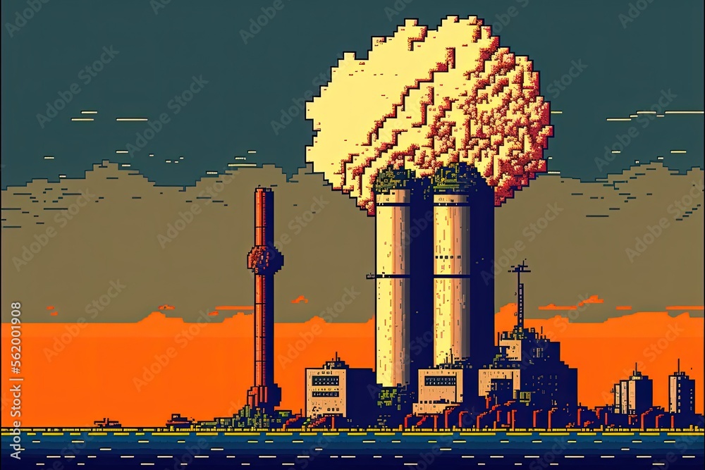 Pixel art nuclear power plant, background in retro style for 8 bit game ...