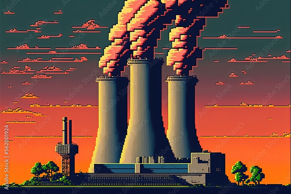 Pixel art nuclear power plant, background in retro style for 8 bit game ...