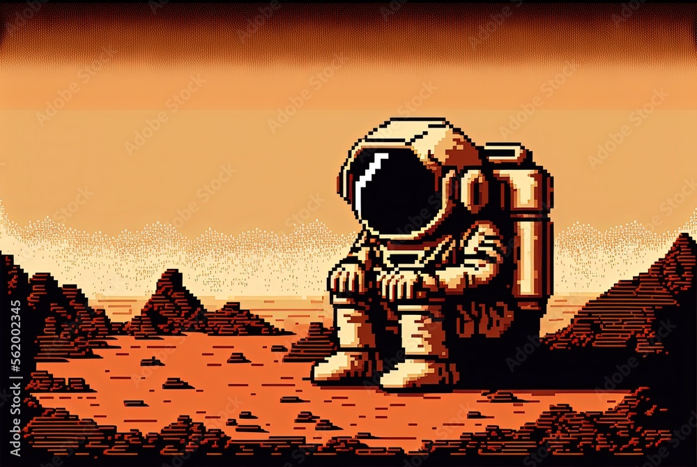 Pixel art astronaut on the planet mars, background in retro style for 8 ...