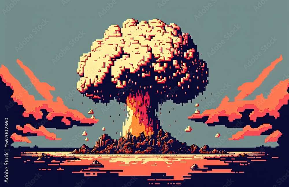 Pixel art atomic bomb explosion, background in retro style for 8 bit ...