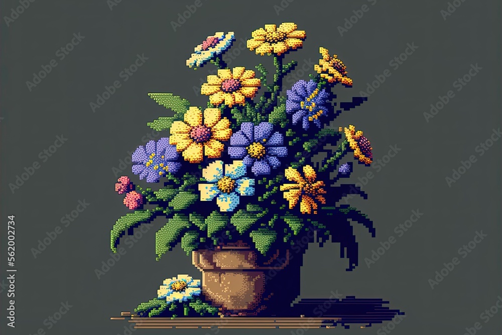 Pixel art flowers and plants, background in retro and 8bit style ...