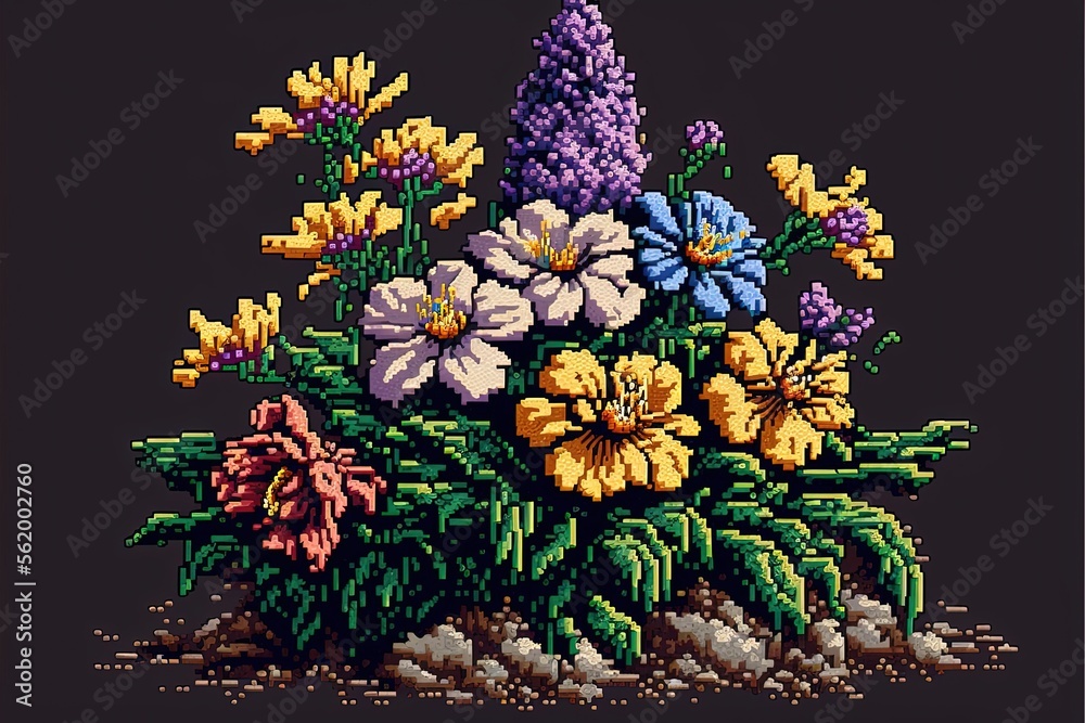 Pixel art flowers and plants, background in retro and 8bit style ...