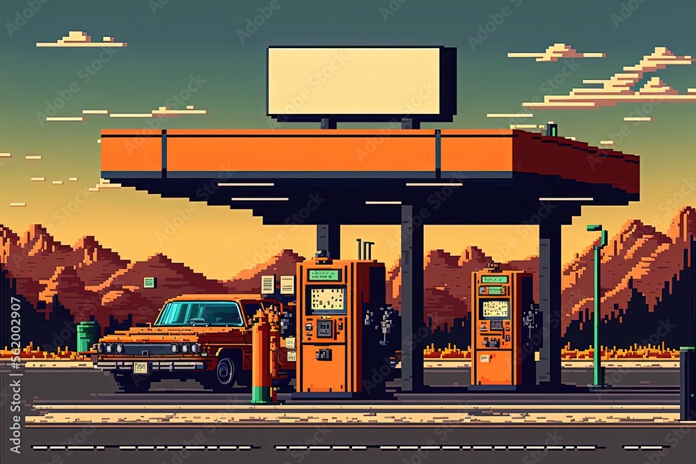 Pixel art gas station on the road, background in retro style for 8 bit ...
