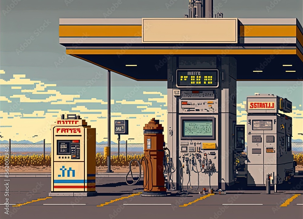Pixel art gas station on the road, background in retro style for 8 bit ...