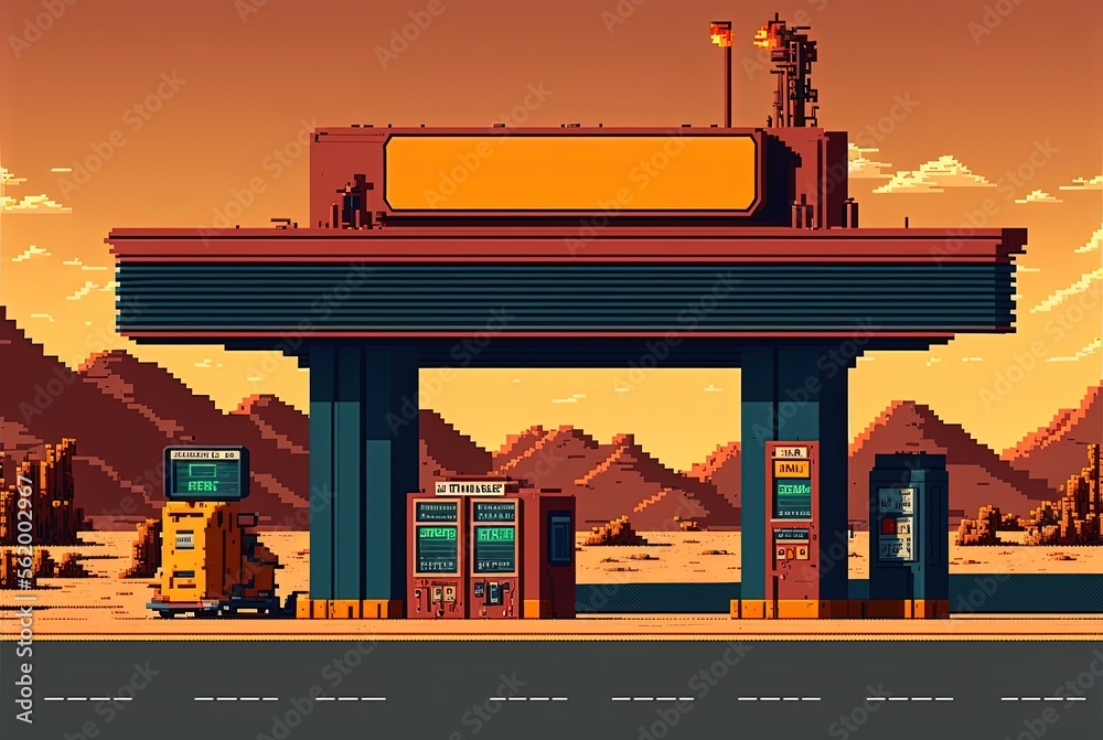 Pixel art gas station on the road, background in retro style for 8 bit ...