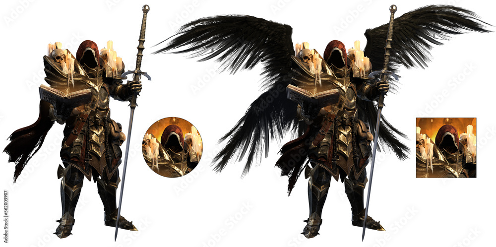 angel of death with black wings in plate armor, he is a reaper warrior ...