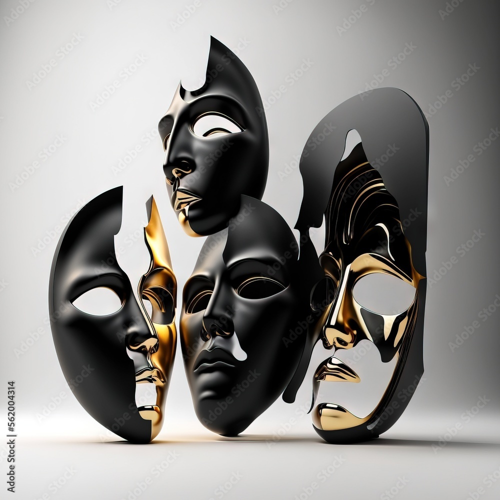a group of three masks with a white background and a gray background ...