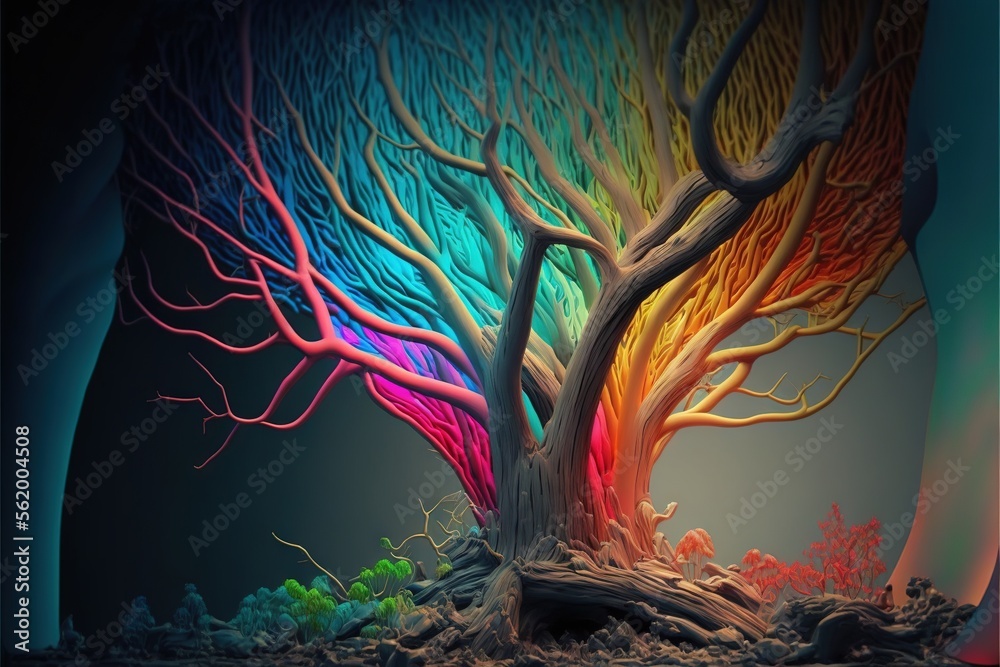 a colorful tree with a rainbow colored trunk and branches on it's sides ...