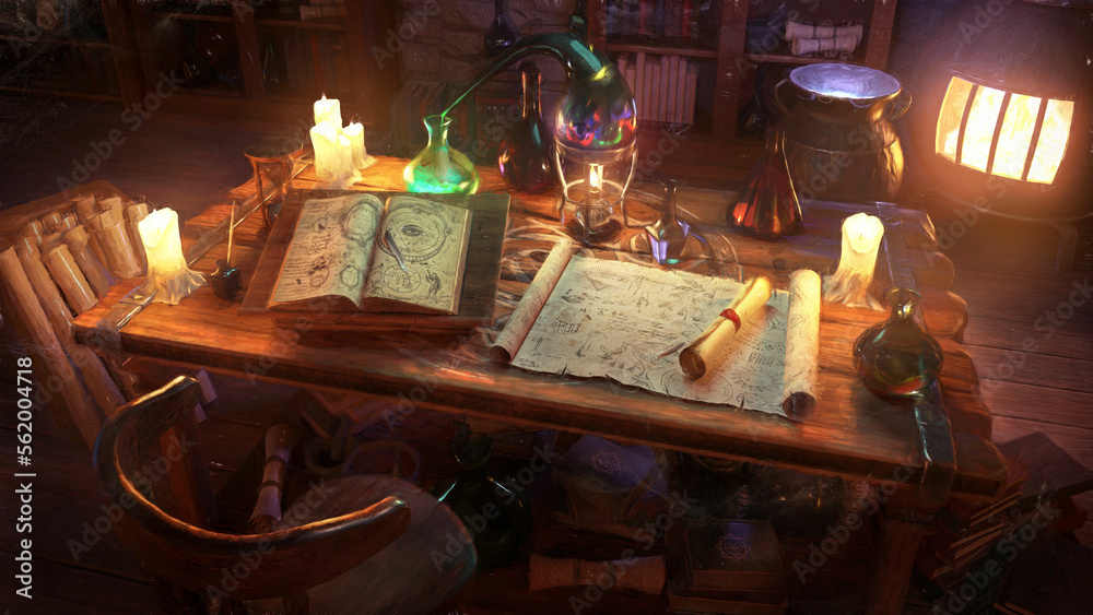 An alchemist's desk with a lot of objects, test tubes, flasks, books ...