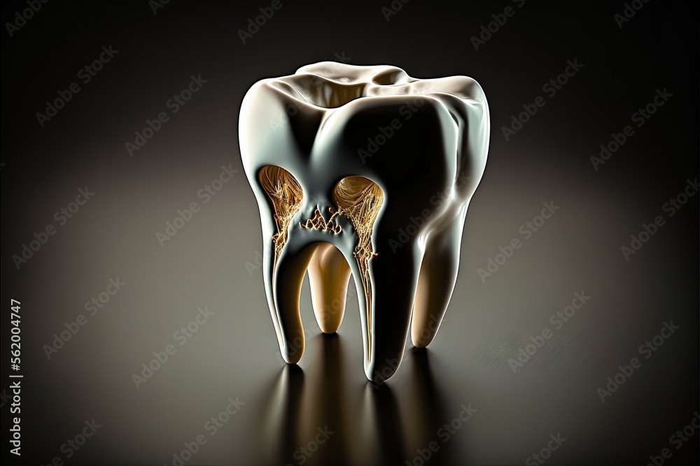 a tooth model with a tooth shaped like a human figure on a black ...