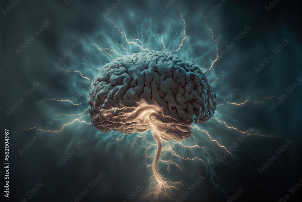 a brain with a lot of electrical damage in it's center and a lightning ...